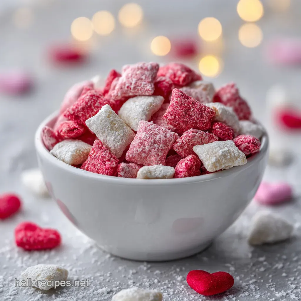 Valentine Puppy Chow Snack Mix: Velvety Chocolate Peanut…